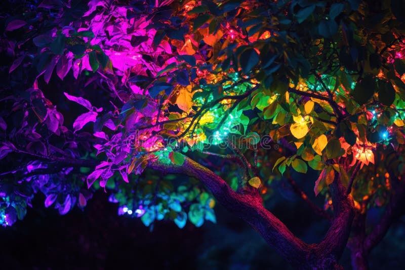 Vibrant Tree Illuminated Colorful Lights Nighttime Garden Setting Stock ...