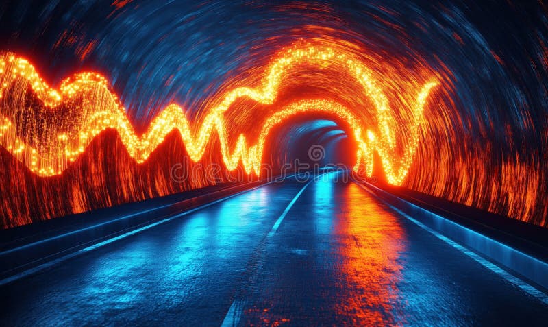 Vibrant Illuminated Tunnel with Glowing Wave Patterns and Reflective ...