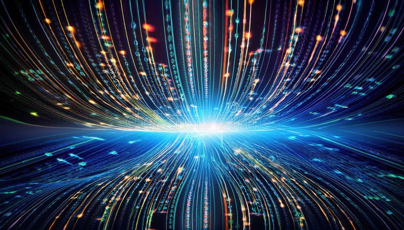 Vibrant Illustration of Binary Code Streams Flowing through Glowing Neural Network, Creating ...
