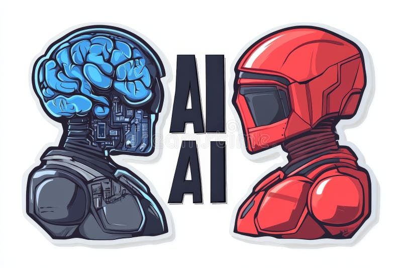 Vibrant Illustration of Blue AI Brain Red Robotic Head Representing ...