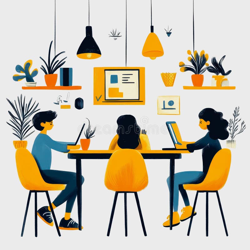 Modern Workspace Illustration with People Collaborating and Using ...