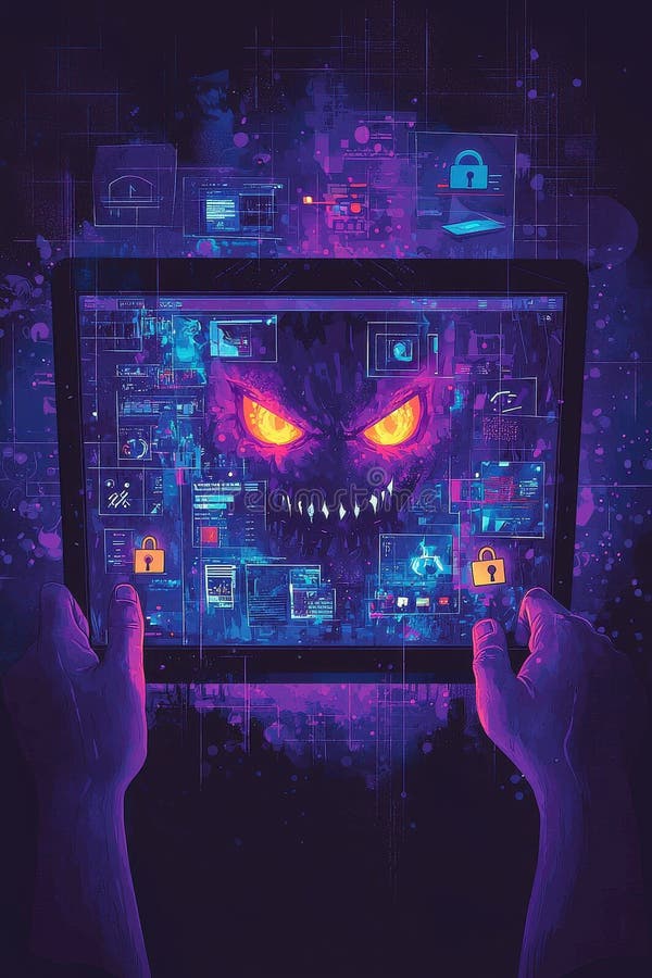 Cyber Threat with Menacing Digital Entity on Tablet Screen Stock Image ...