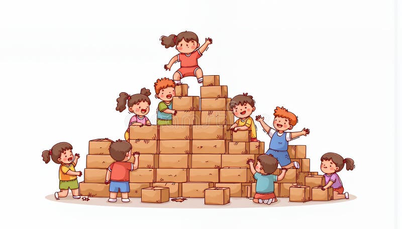 Playful Children Building a Cardboard Box Tower: a Delightful Chibi ...