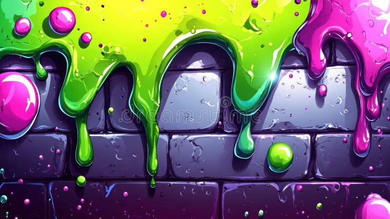 Vibrant Slime Dripping on Grunge Brick Wall, Colorful Abstract ...