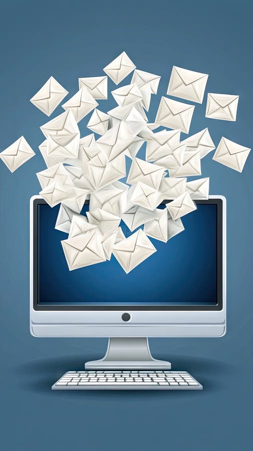 A Vibrant Illustration of a Computer Bursting with Flying Envelopes ...