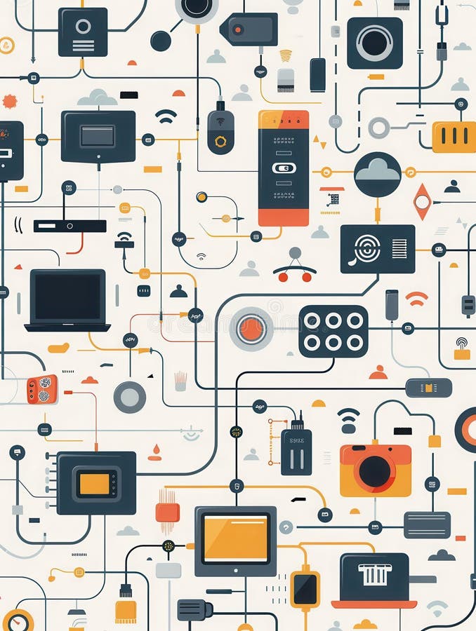 A Vibrant Illustration Depicting Various Network Devices, Including ...