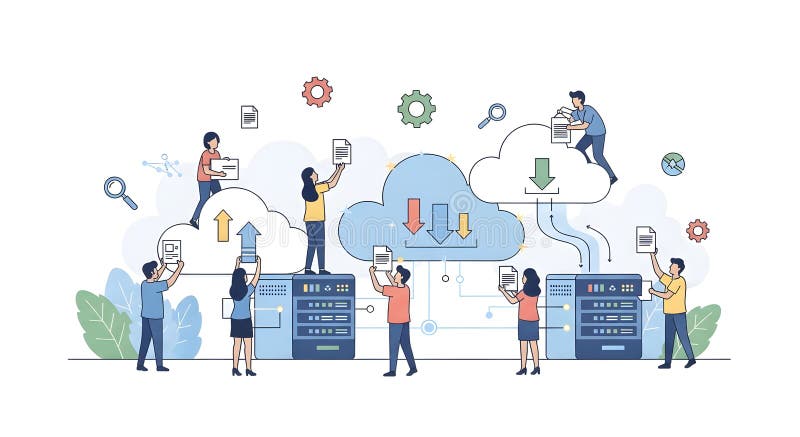 Cloud Computing and Data Transfer Concept with People and Servers Stock Illustration ...
