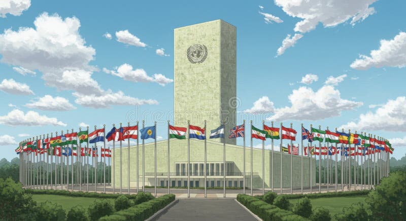 United Nations Headquarters with Flags of Nations Stock Illustration ...