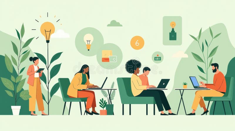 Office Workers Collaborate, Surrounded by Plants, Symbolizing Creativity and a Thriving Stock ...