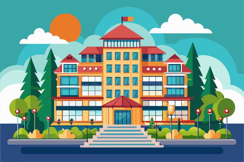 A Vibrant Illustration Depicts a Sprawling Building with Colorful ...