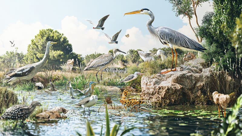 A Vibrant Illustration of a Diverse Bird Community in a Tranquil ...