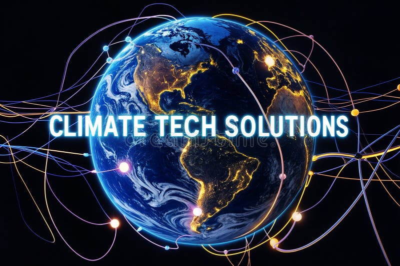 Earth with Glowing Connections and the Word Text "CLIMATE TECH ...
