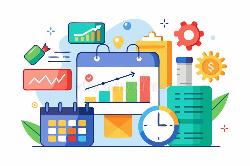 A Vibrant Illustration Featuring a Calendar, Charts, and Various Tools ...