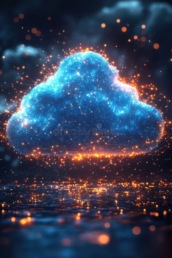 Glowing Blue Data Network Cloud with Connections and Sparkling Light ...