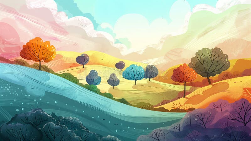 A Vibrant Illustration Featuring a Landscape with Rolling Hills, Stock ...