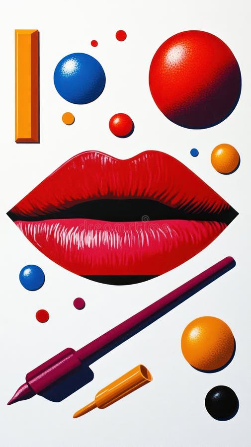 A Vibrant Illustration Featuring Red Lips, Colorful Shapes, and Makeup ...