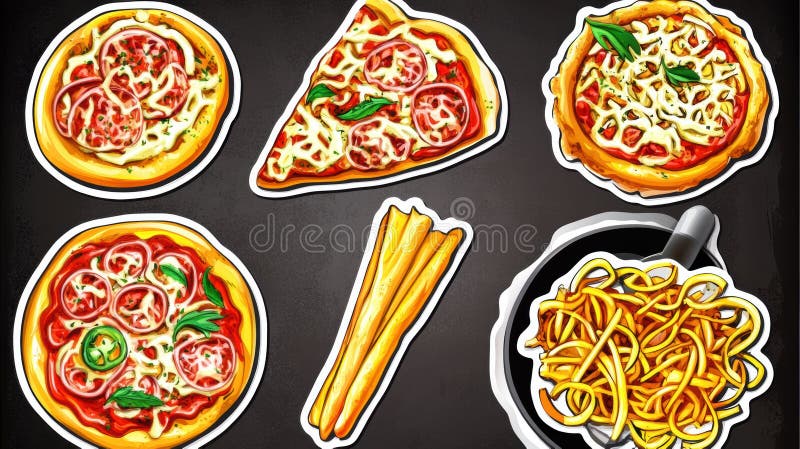 Delicious Pizza & Pasta Stock Illustration - Illustration of hand ...