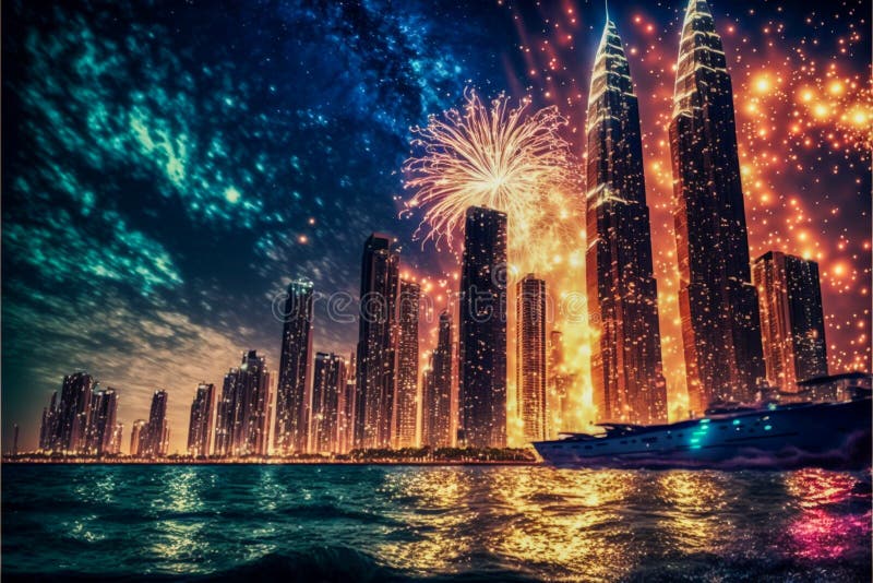 Fireworks Exploding Over the Tall Skyscrapers Seen from the Sea Stock ...