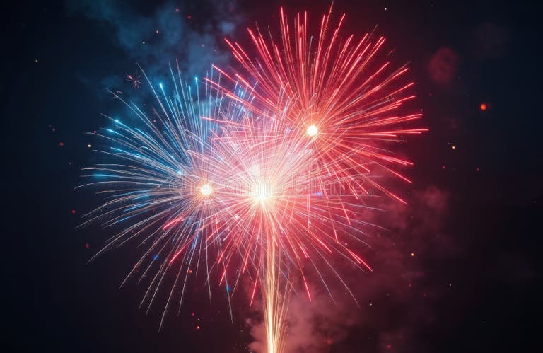 Vibrant Illustration of Fireworks Exploding in Night Sky. Red White and ...