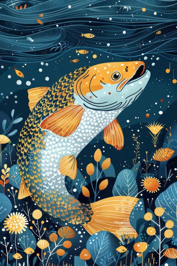 Majestic Golden Trout Leaping in Underwater Floral Paradise Stock ...