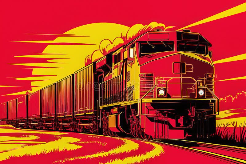 A Vibrant Illustration of a Freight Train Hauling Shipping Containers ...