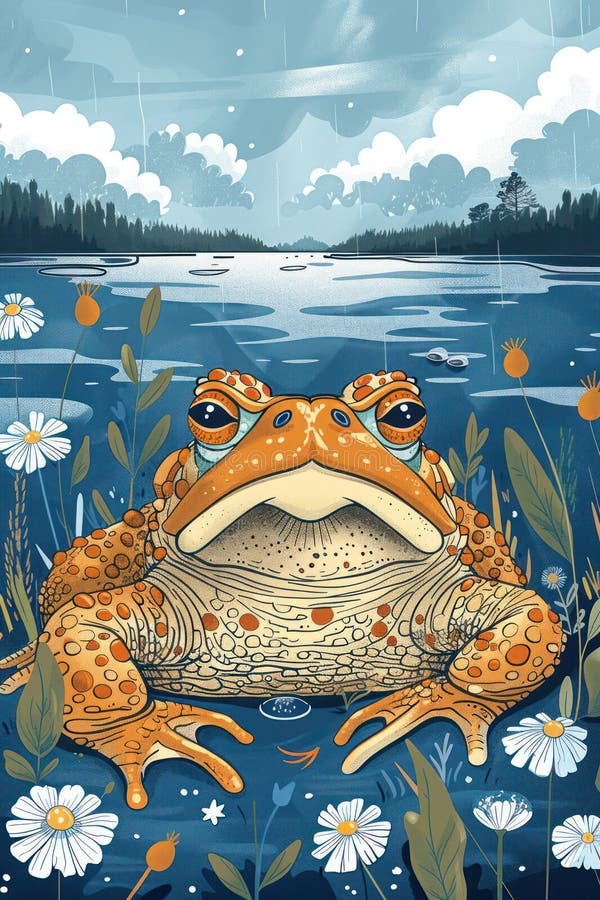 Orange Toad by the Lake Under Rainy Day Stock Illustration ...