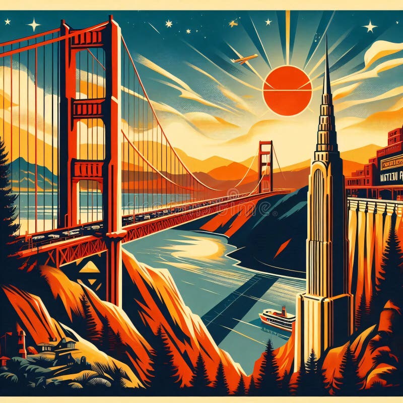 A Vibrant Illustration of the Golden Gate Bridge with a Sunset Backdrop ...