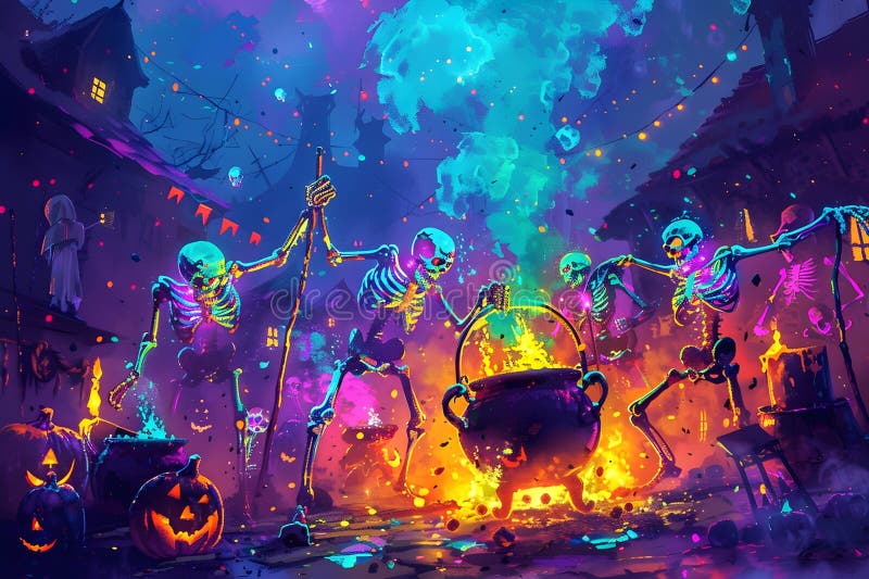 A Vibrant Illustration of a Halloween Party with Dancing Skeletons ...