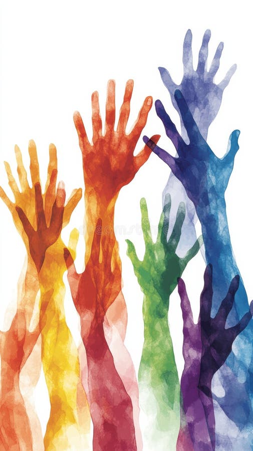 Colorful Hands Reaching Upwards Symbolize Unity and Diversity, AI Stock ...