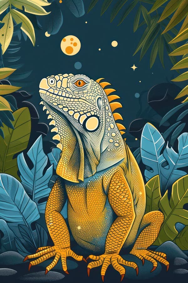 Majestic Iguana at Night in Tropical Foliage Stock Illustration ...