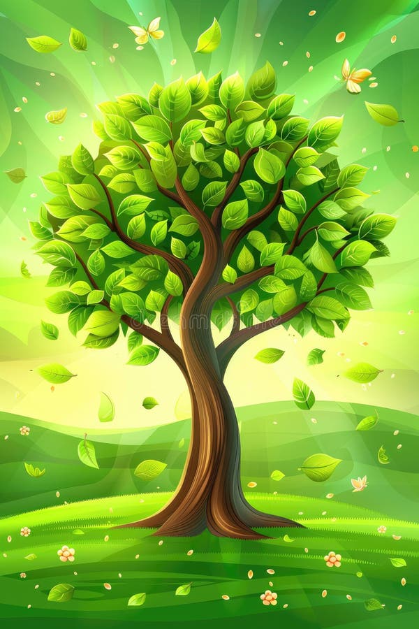 Vibrant Illustration of a Lush Tree with Leaves and Butterflies. Stock ...