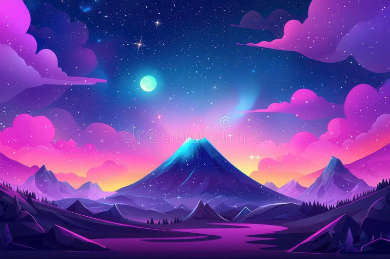 Vibrant Illustration of a Mountain Range Under a Starry Night Sky Stock ...