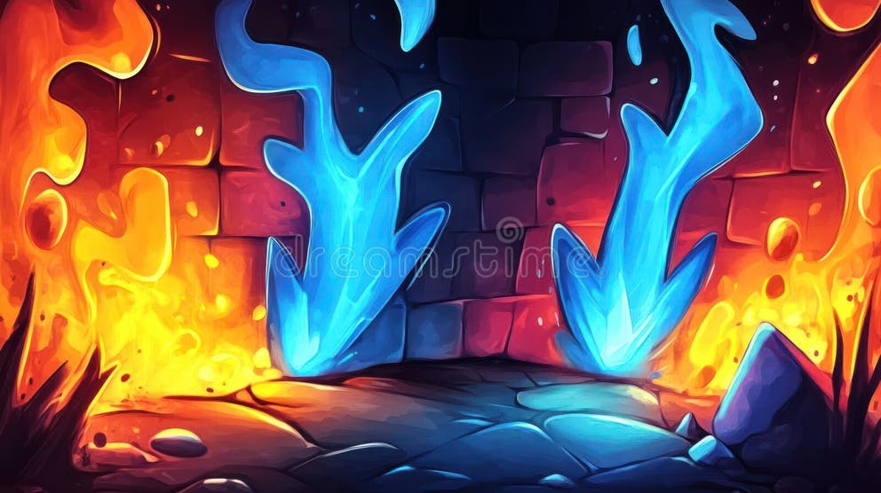Fiery and Icy Flames Clashing on Ancient Stone Walls, Fantasy ...