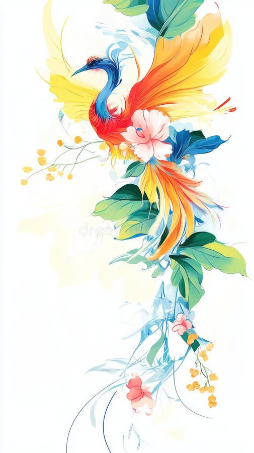 A Vibrant Illustration of a Phoenix Surrounded by Colorful Flowers and ...