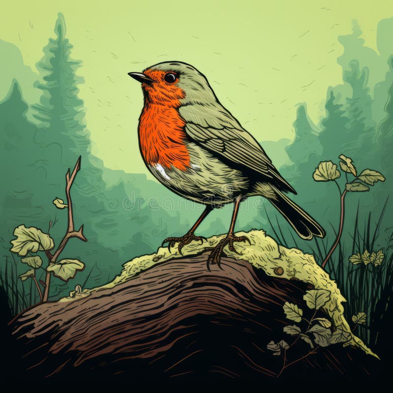 Vibrant Illustration of a Red Robin in a Forest Stock Illustration ...
