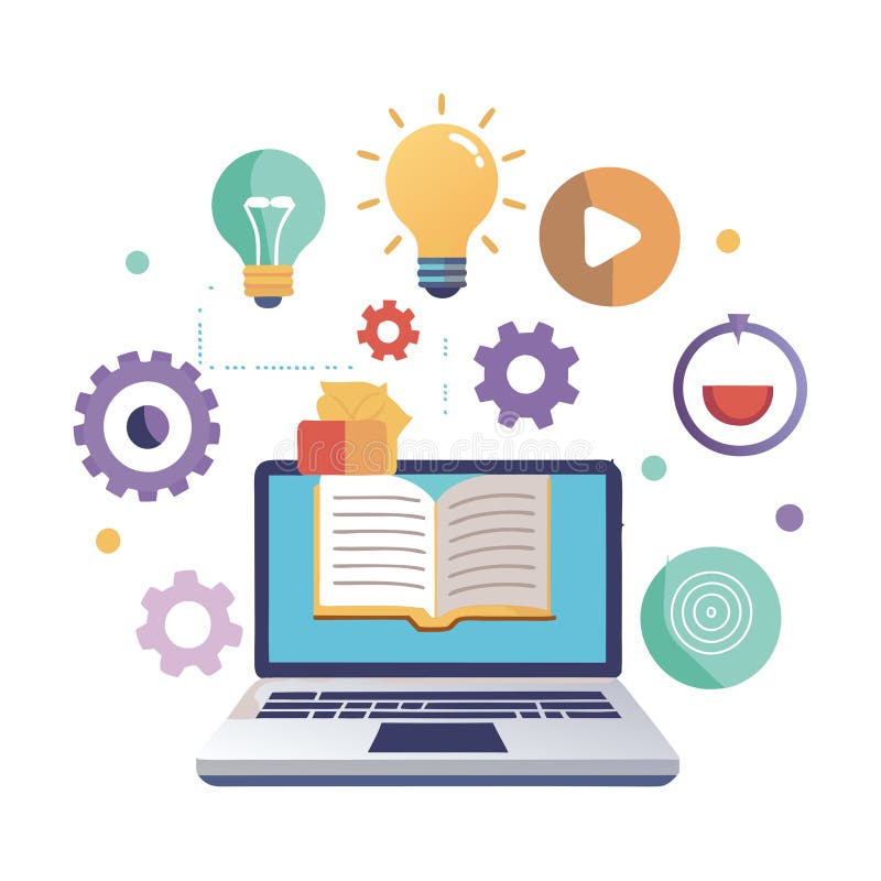 Online Learning and Education Concept with Laptop, Book, and Light Bulbs Stock Vector ...