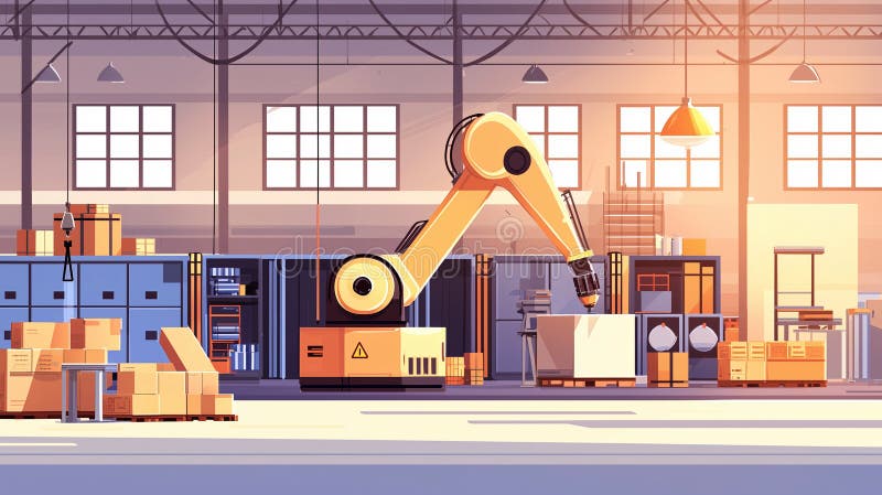 Automated Robotic Arm in a Modern Warehouse Setting Stock Illustration ...