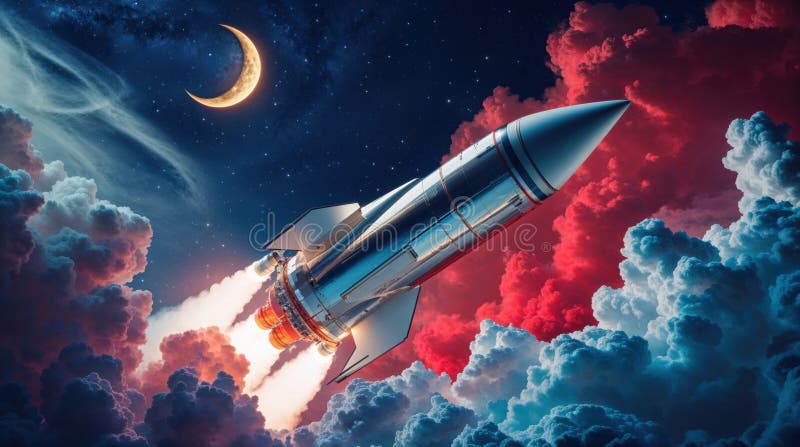 Rocket Soaring through Colorful Clouds Under a Crescent Moon, Space ...