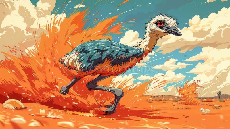 Energetic Emu Running Across the Orange Desert Landscape Stock ...