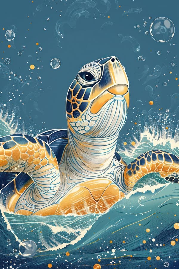 Majestic Sea Turtle Surging through Ocean Waves, Artistic Illustration ...