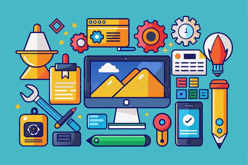 A Vibrant Illustration Showcases Digital Tools and Tech Elements ...