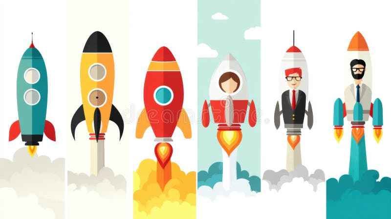 Five Rockets Launching stock illustration. Illustration of progress ...