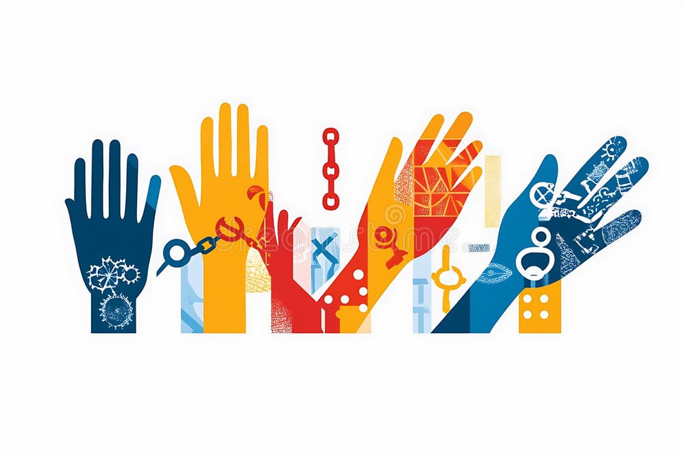 Abstract Colorful Hands Connected by Chains Teamwork, Unity ...