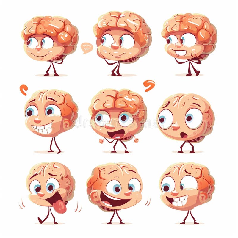 Playful Cartoon Brain Characters with Various Expressions and Poses ...