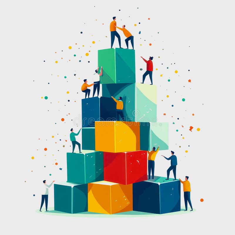 Collaborative Teamwork Illustration of People Stacking Colorful Blocks ...