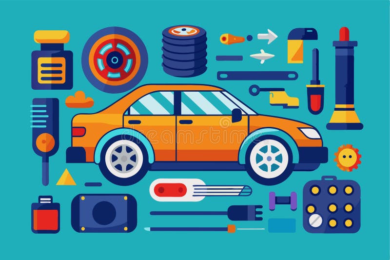 Vibrant Illustration Showcasing Car Accessories and Tools, Highlighting ...