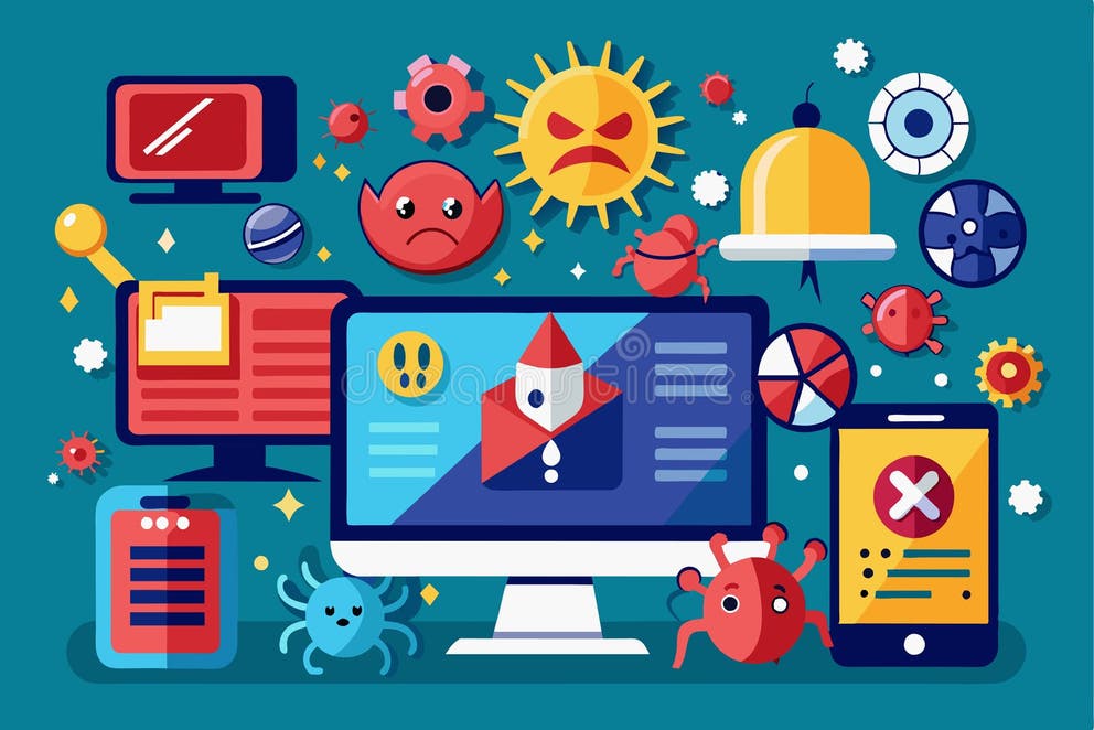 A Vibrant Illustration Showing Multiple Virus Error Icons Surrounding ...