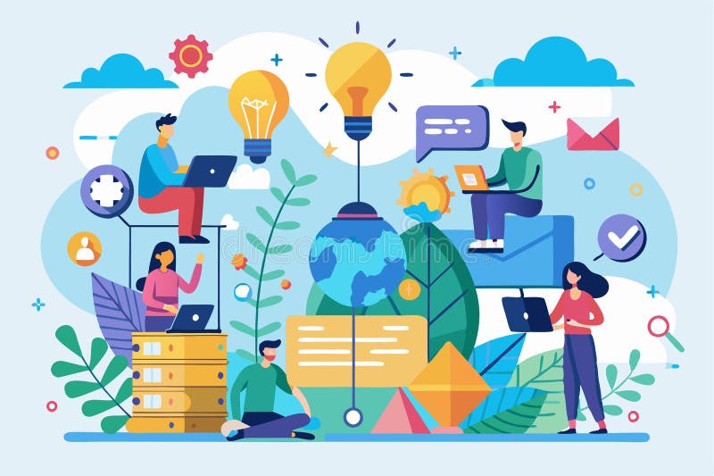 A Vibrant Illustration Shows People Engaged in Brainstorming and ...