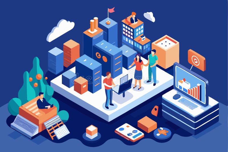 A Vibrant Illustration Shows a Team Collaborating in a Contemporary Office Setting with ...