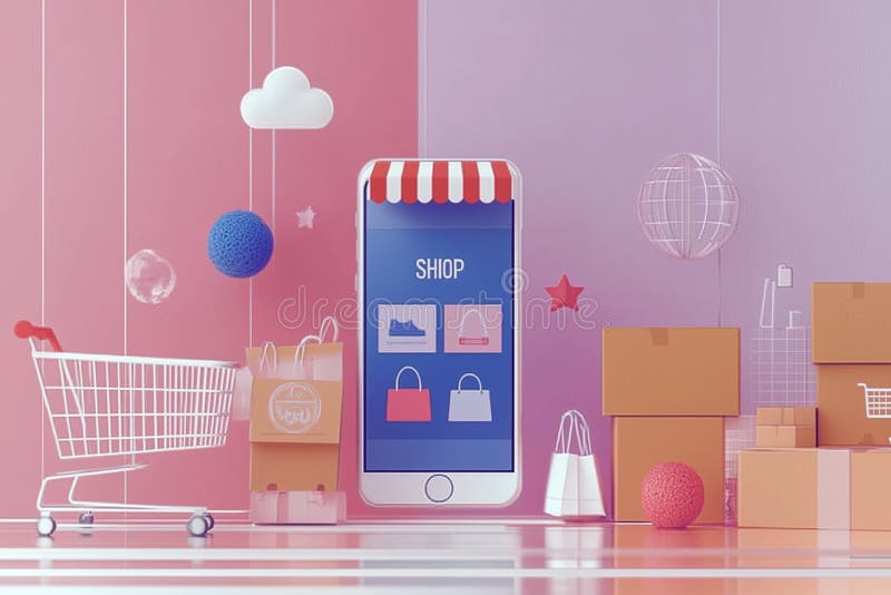 Vibrant Illustration of Smartphone Displaying Shopping App, Surrounded ...